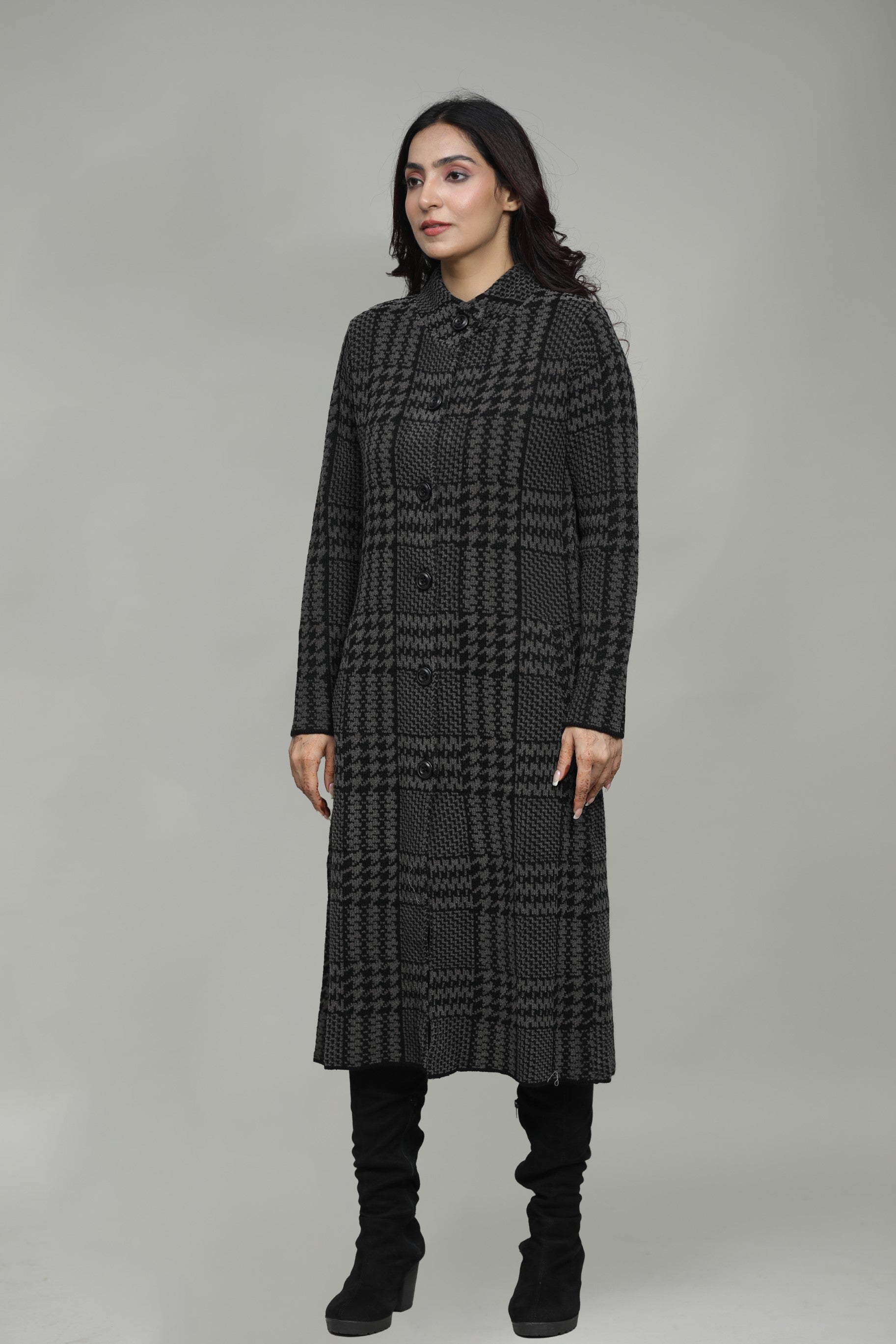 Women Woolen Checkered T-Neck Long Coat – Newcastle Knitwears