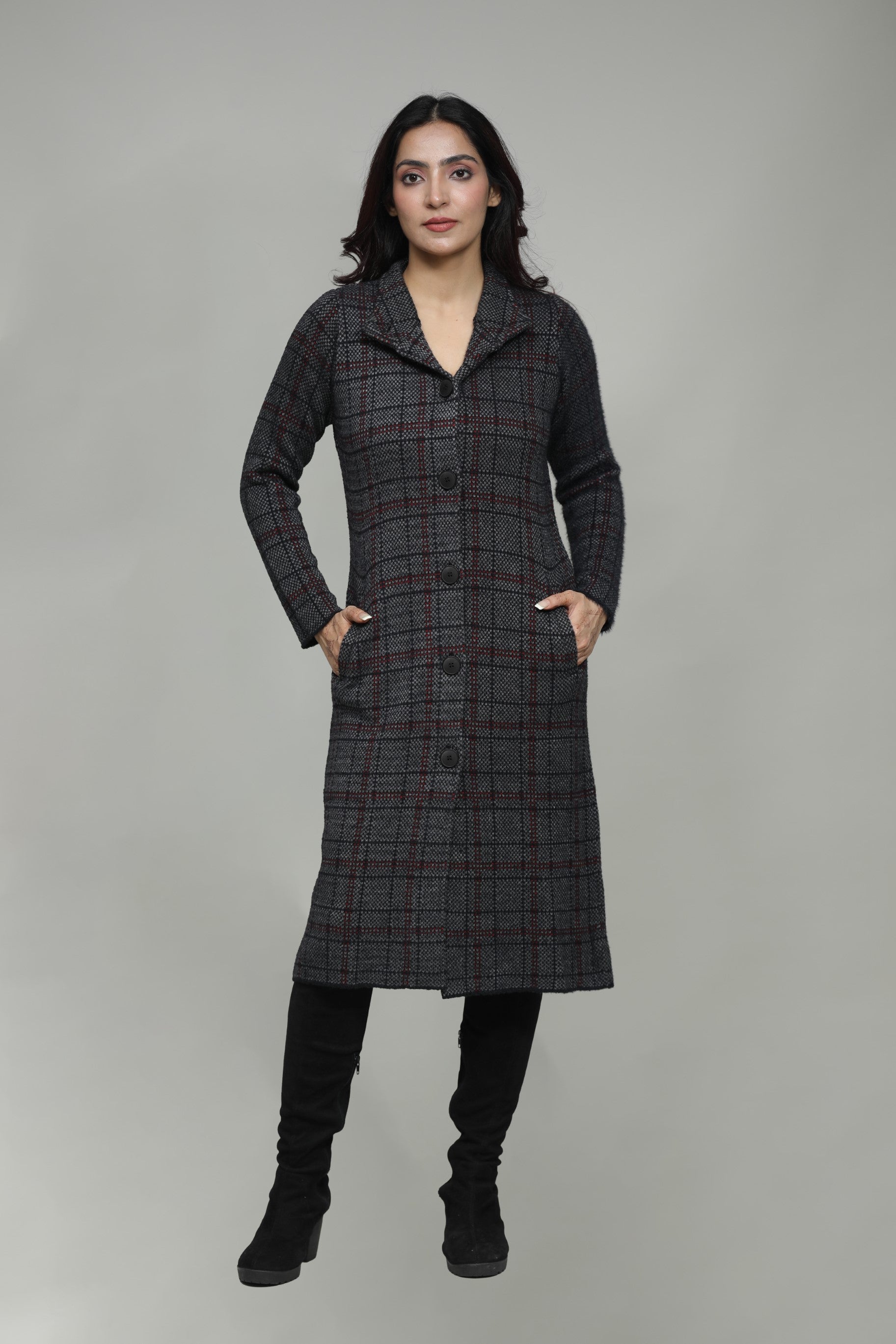 Woolen Checkered T-Neck Long Coat for Women – Newcastle Knitwears